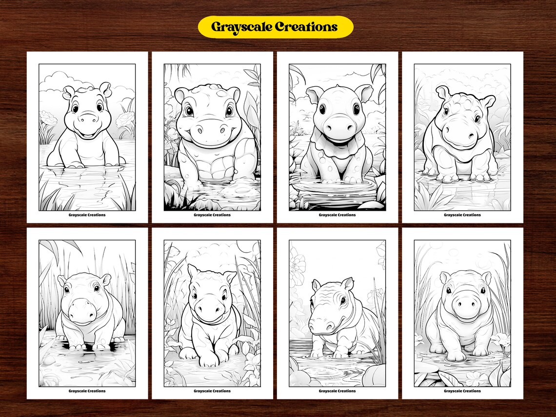50 Cute Hippopotamus Coloring Page Book, Printable PDF Sheets, Instant ...