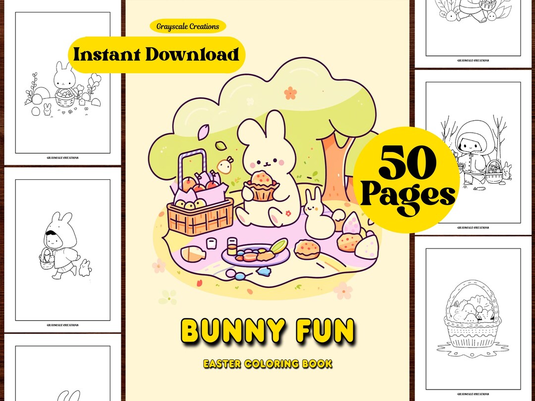 50 Easter Bunny Fun Coloring Page Book, Easter Activity, Cute Cozy ...