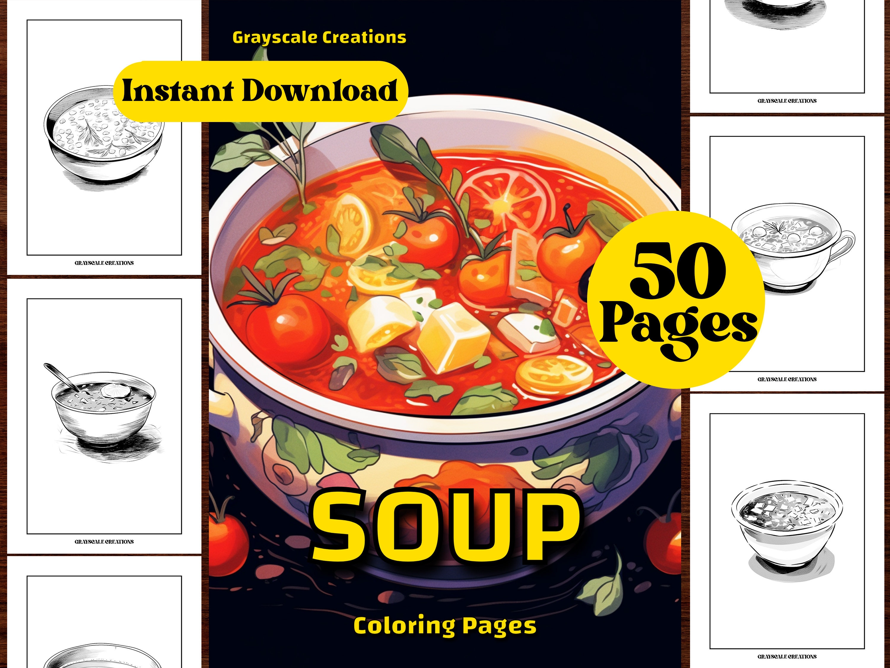 50 Soup Coloring Page Book, Food Beverage Drinks Culinary, Printable ...