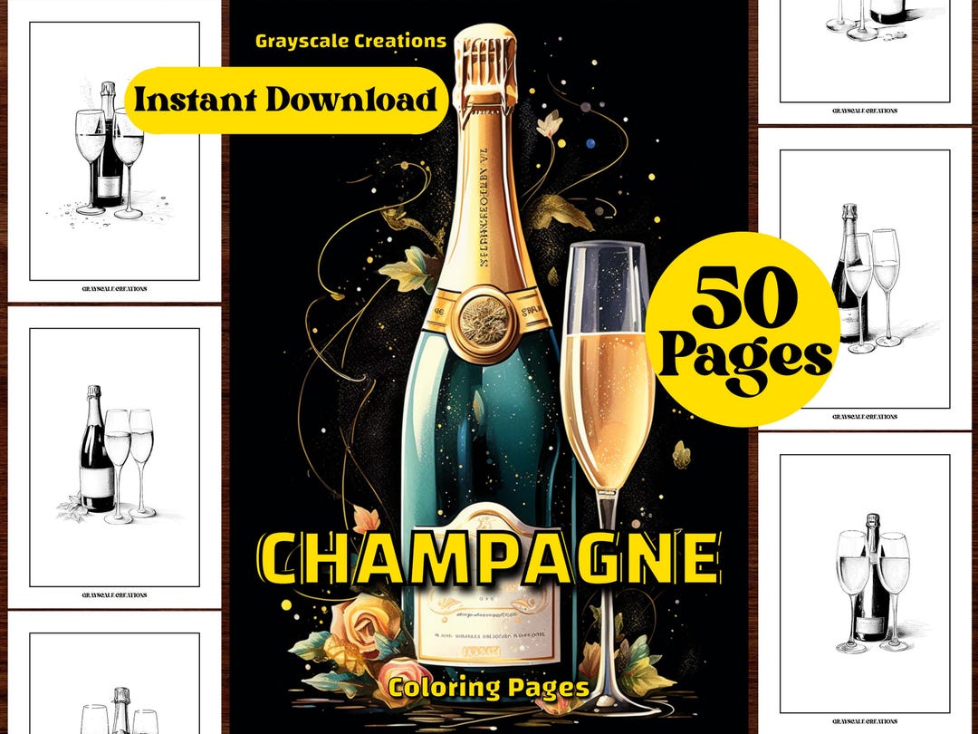 50 Champagne Coloring Page Book, Food Beverage Drink Culinary ...
