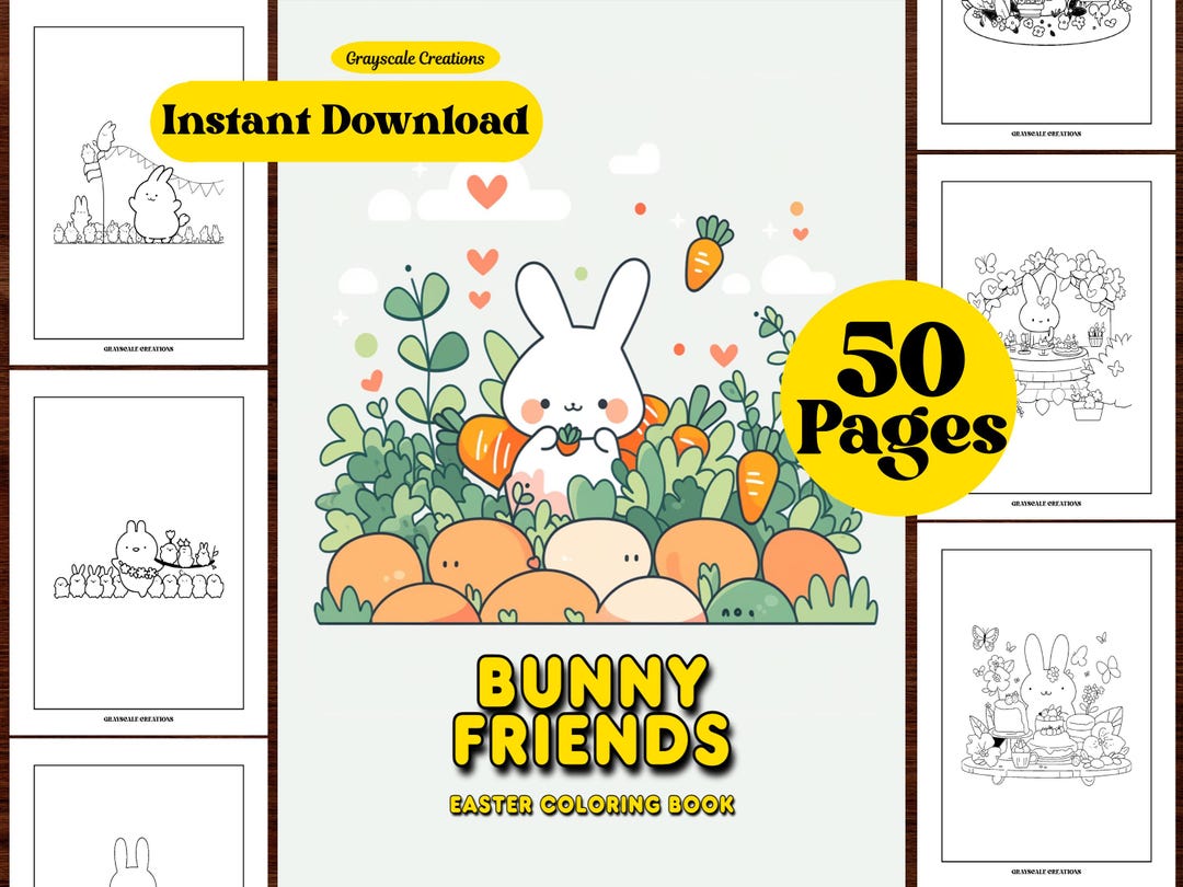 50 Easter Bunny Friends Coloring Page Book, Easter Activity, Cozy ...