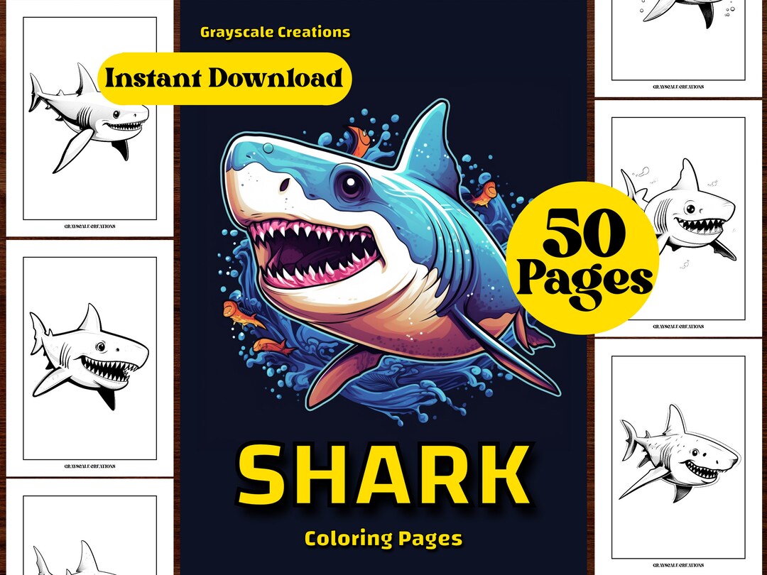 50 Shark Animal Coloring Page Book, Sea Life Ocean Fantasy, Birthday ...