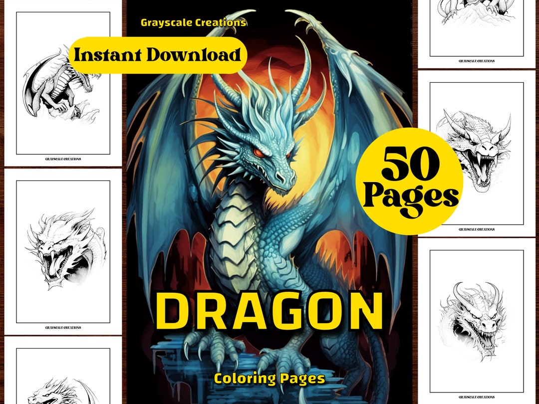 50 Dragon Coloring Page Book, Fantasy Enchanted Creatures, Birthday ...