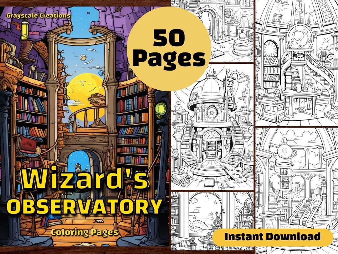 50 Wizard’s Observatory Coloring Page Book, Printable PDF Sheets ...