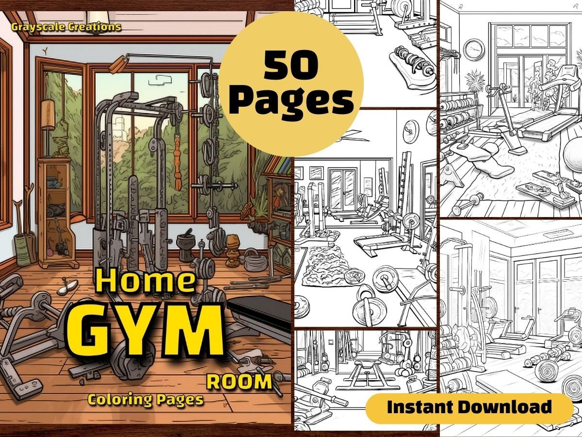 50 Gym Coloring Page Book, Printable PDF Sheets, Instant Download ...