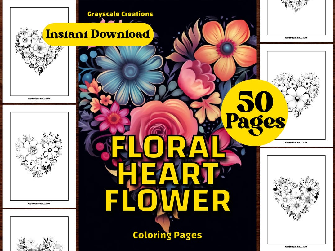 50 Floral Heart Flower Coloring Page Book, St Valentines Romance ...