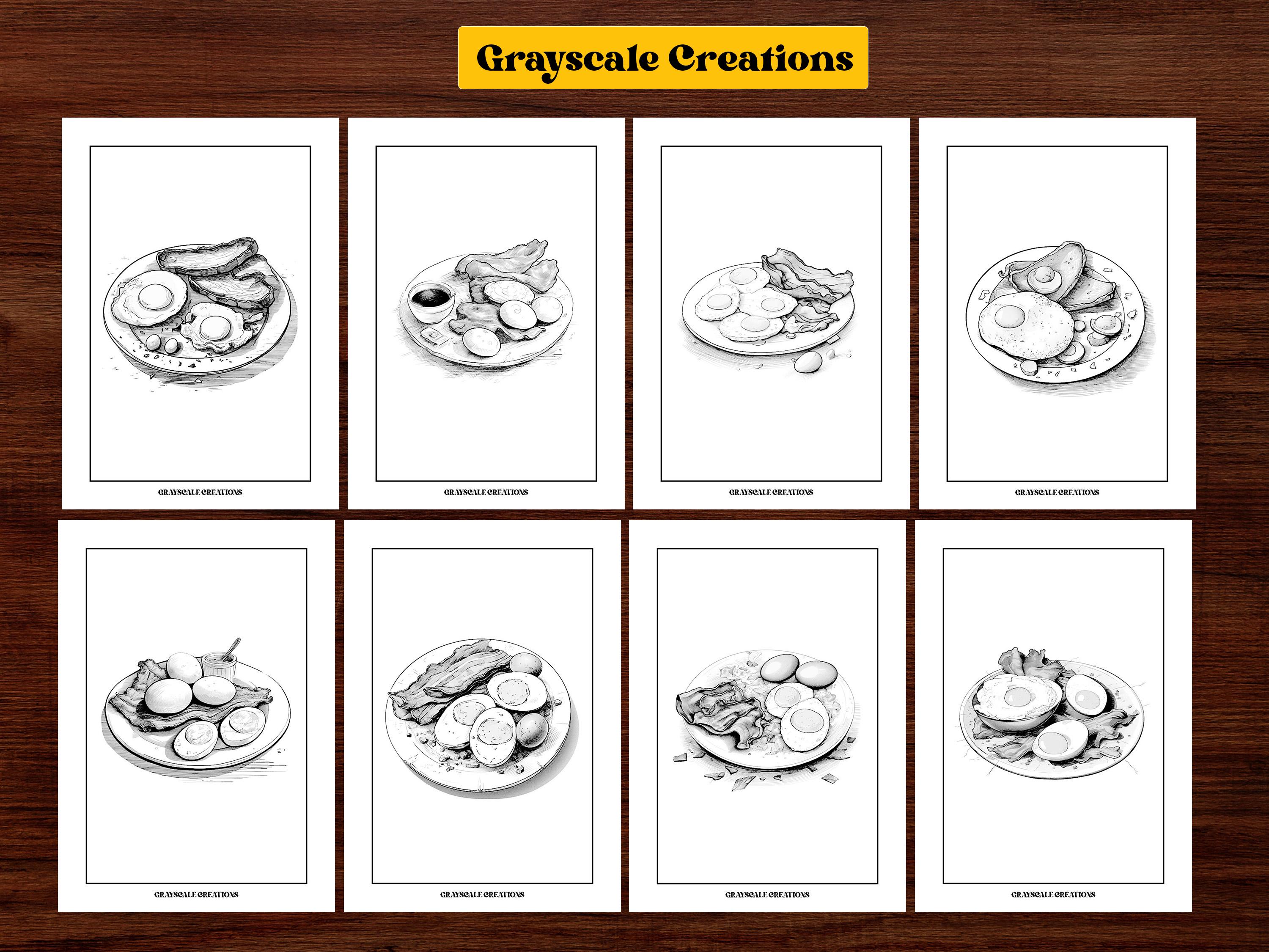 50 Bacon and Eggs Coloring Page Book, Food Beverage Drink Culinary ...