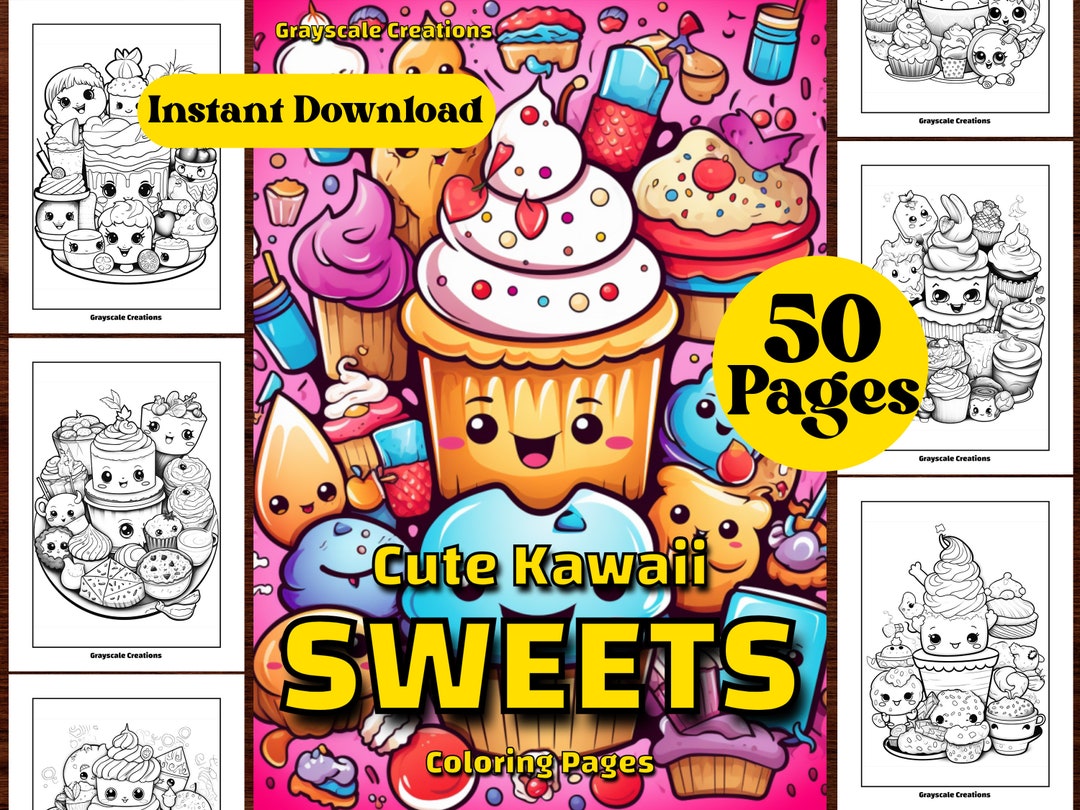 50 Sweet Treats Kawaii Cute Doodle Coloring Page Book, Printable PDF ...