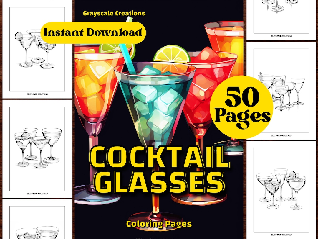 50 Cocktail Glasses Coloring Page Book, Food Beverage Drink Culinary ...