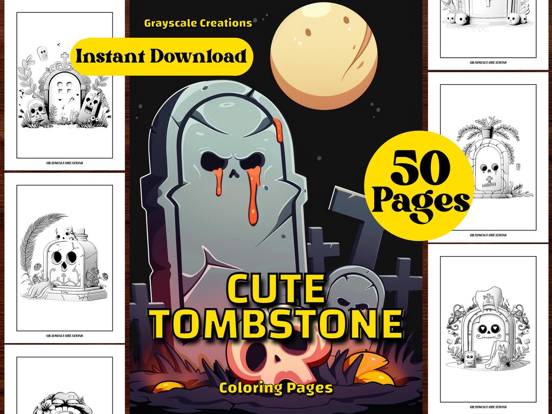 50 Cute Tombstone Coloring Page Book, Halloween Cartoon Creepy ...