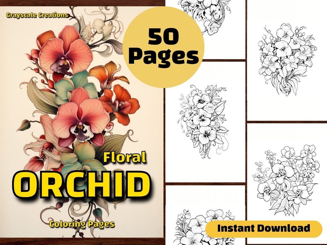 50 Orchid Coloring Page Book, Nature Botanical Flower Floral Bouquet ...