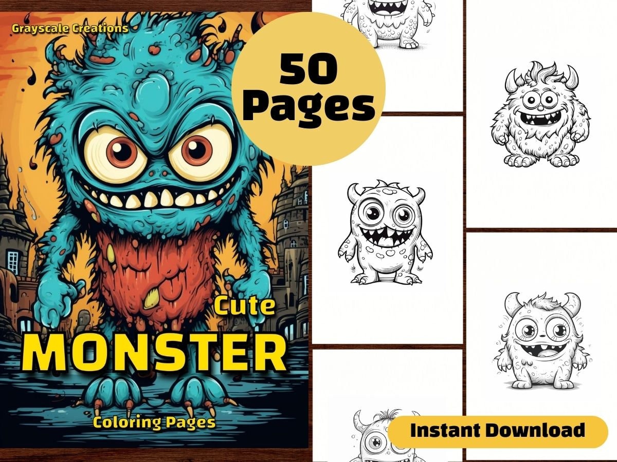 50 Cute Monster Coloring Page Book, Halloween Cartoon Creepy, Printable ...