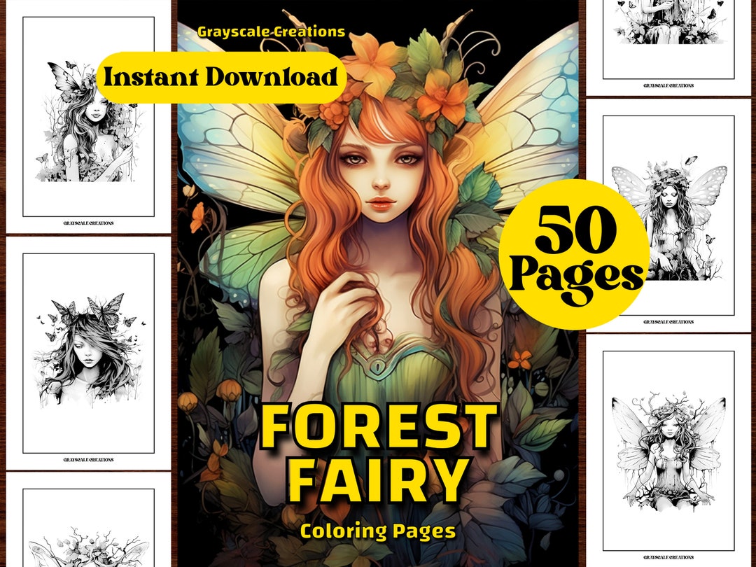 50 Forest Fairy Coloring Page Book, Fantasy Enchanted Creatures ...