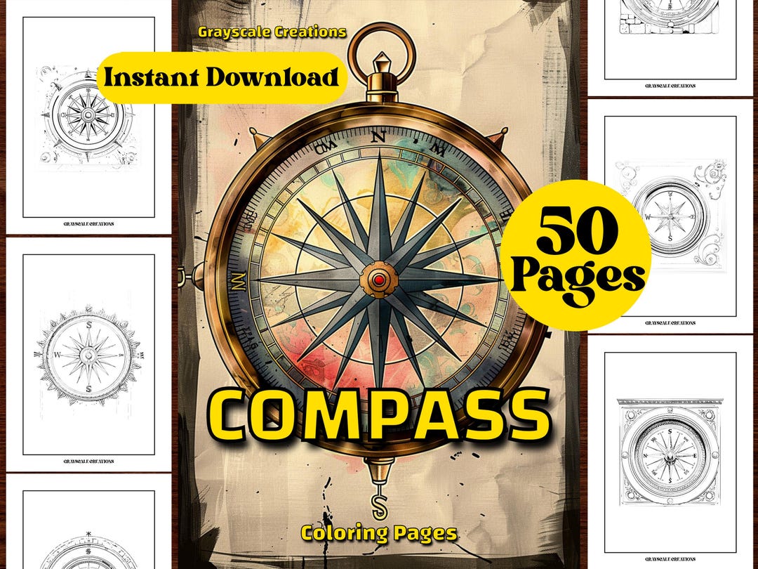 50 Compass Coloring Page Book, Object Motor Nature Car Vintage ...