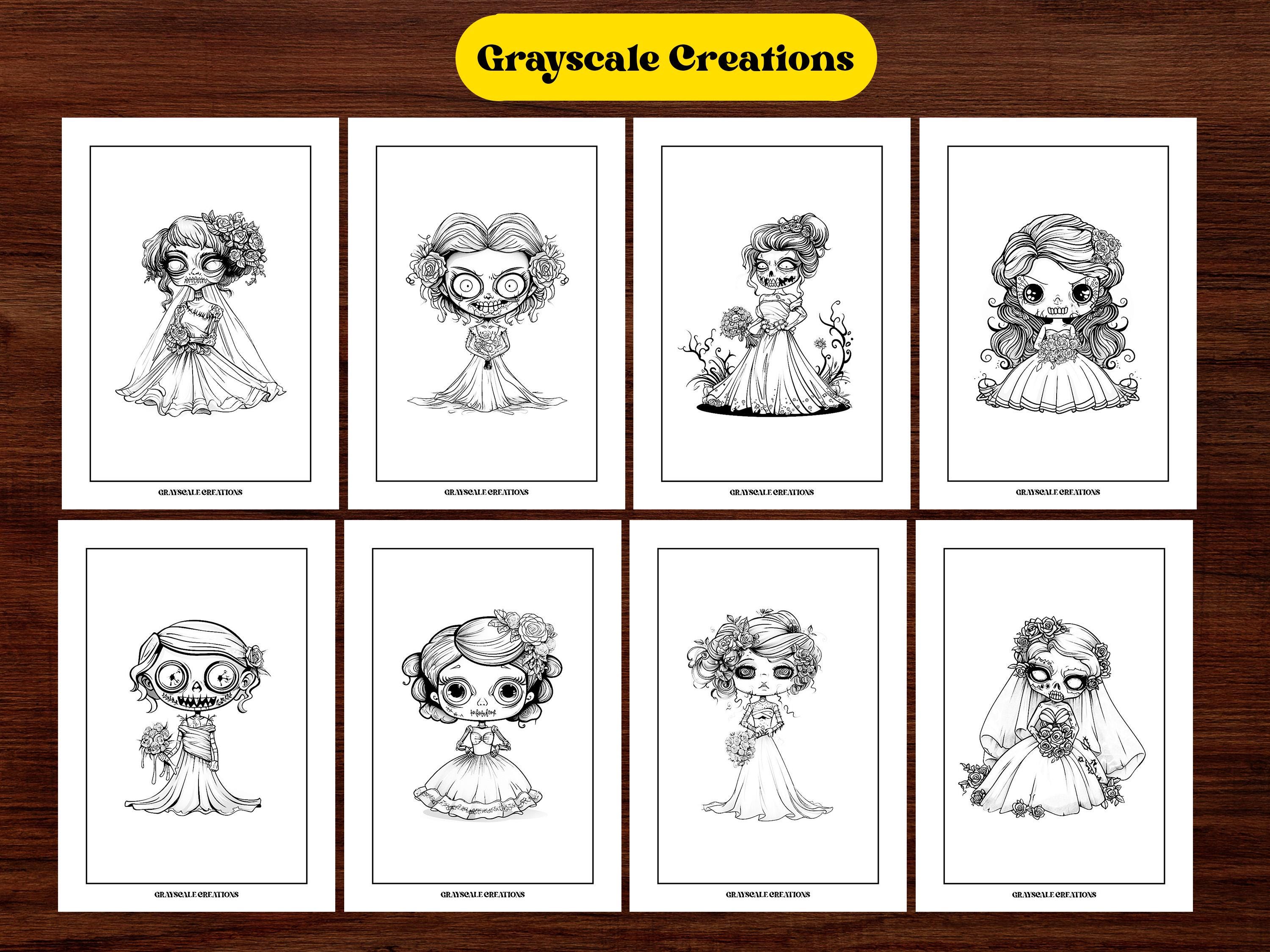 50 Cute Zombie Bride Coloring Page Book, Halloween Cartoon Creepy ...