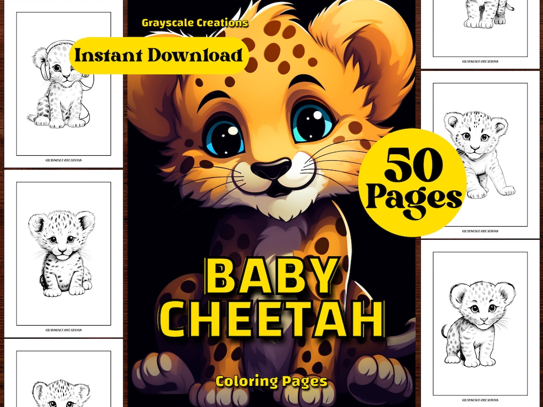 50 Baby Cheetah Animal Coloring Page Book, Woodland Wildlife, Birthday ...