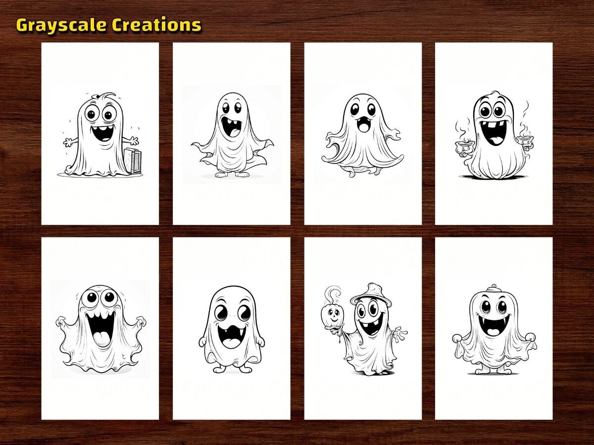 50 Cute Ghost Coloring Page Book, Halloween Chibi Cartoon Creepy ...