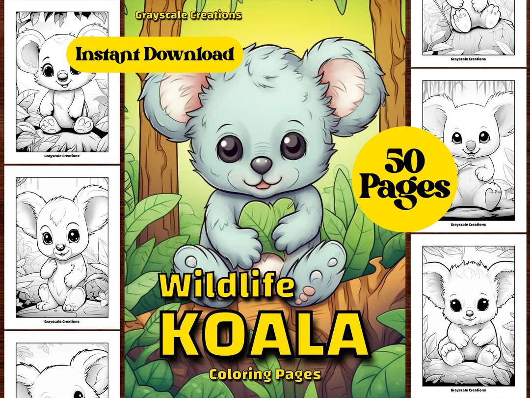 50 Cute Koala Coloring Page Book, Printable PDF Sheets, Instant ...
