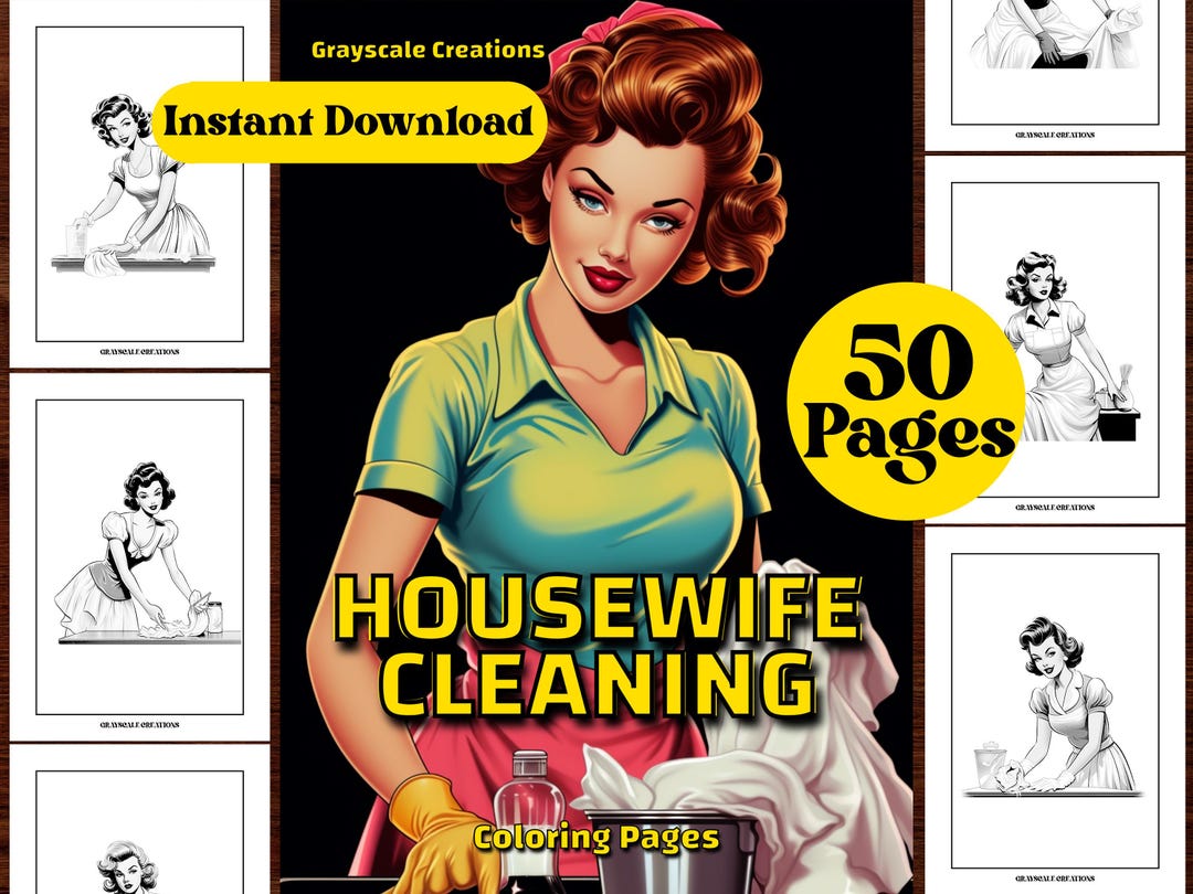 50 Housewife Cleaning Coloring Page Book, People Human Profession ...