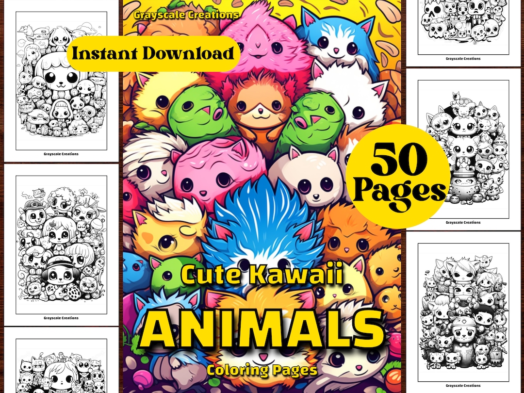 50 Animal Kawaii Cute Doodle Coloring Page Book, Printable PDF Sheet ...