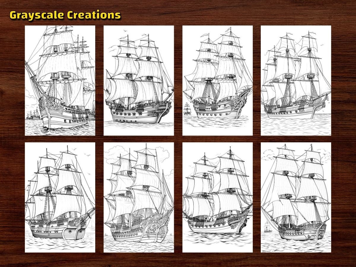 50 Sailing Ship Coloring Page Book, Printable PDF Sheets, Instant ...