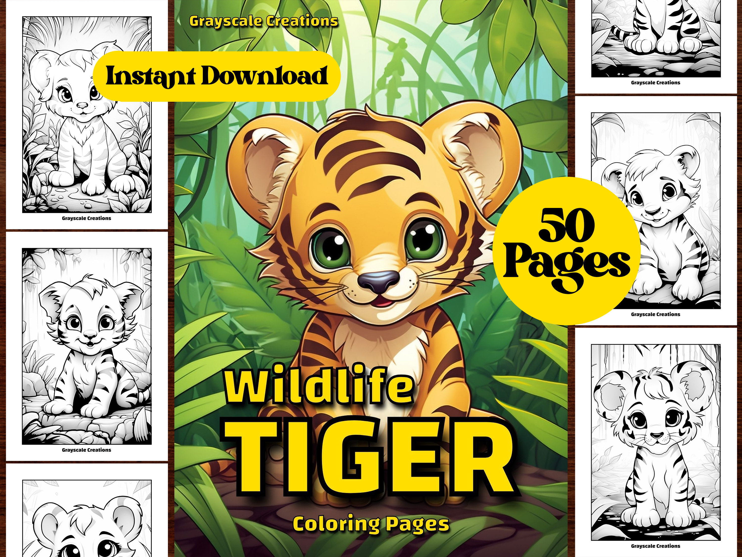 50 Cute Tiger Coloring Page Book, Printable PDF Sheet, Instant Download ...
