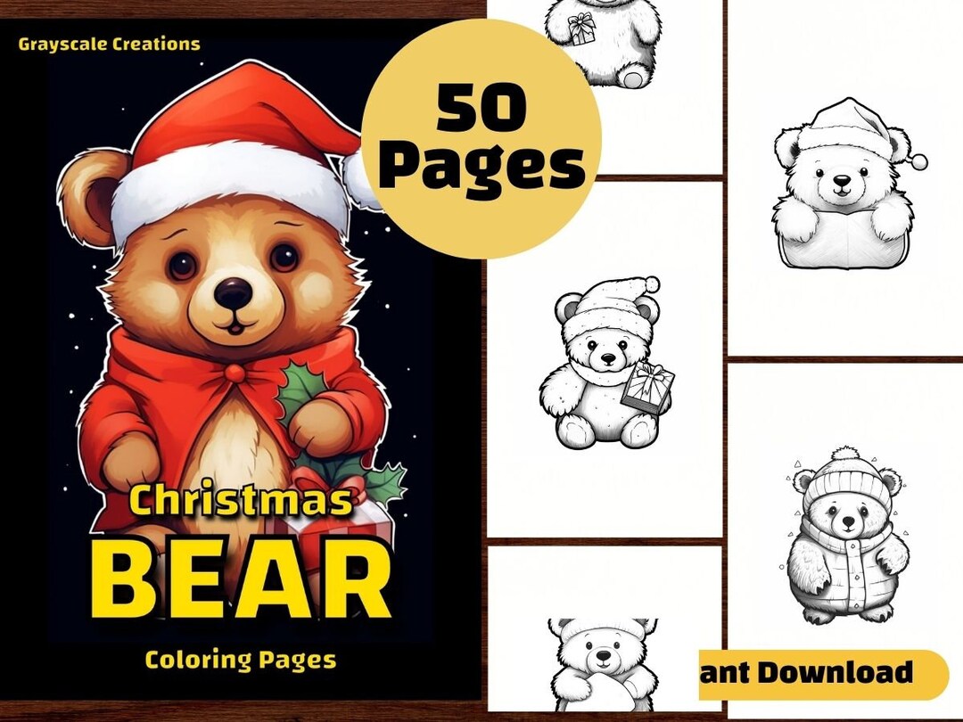 50 Christmas Bear Coloring Page Book, Cute Teddy Animal Xmas Winter ...
