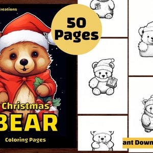 50 Christmas Bear Coloring Page Book, Cute Teddy Animal Xmas Winter ...