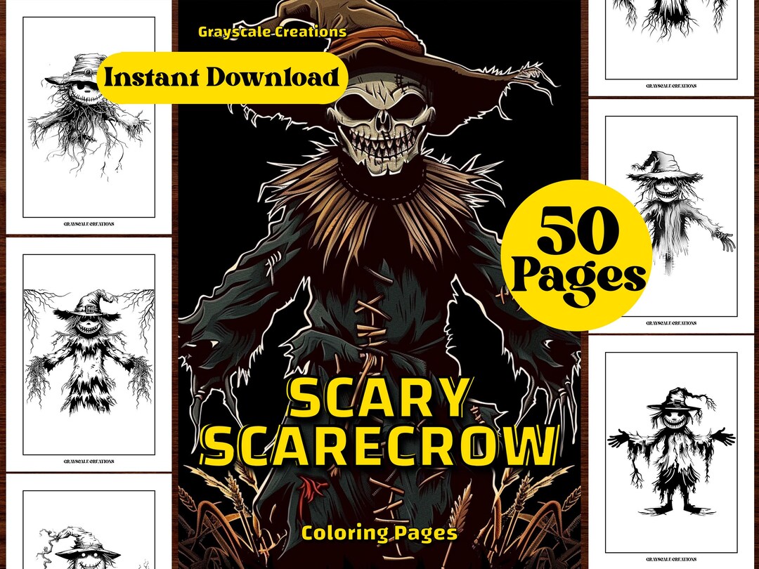 50 Scary Scarecrow Coloring Page Book, Halloween Cartoon Creepy ...