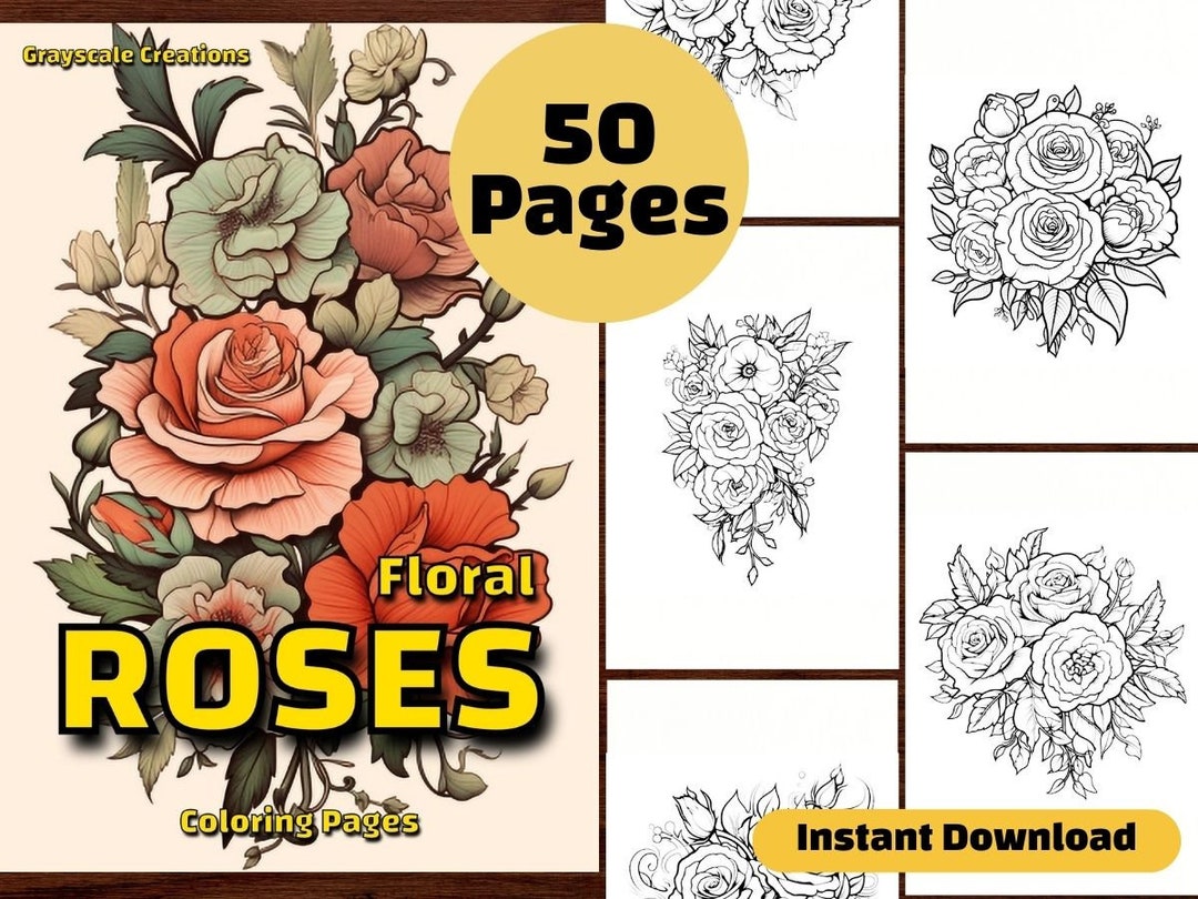 50 Roses Coloring Page Book, Nature Botanical Flower Floral Bouquet ...