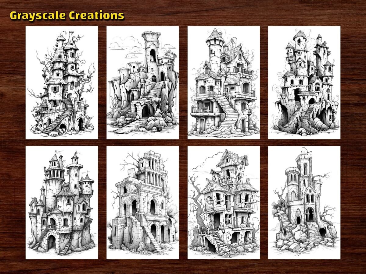 50 Mystical Ruins House Coloring Page Book, Printable PDF Sheets ...