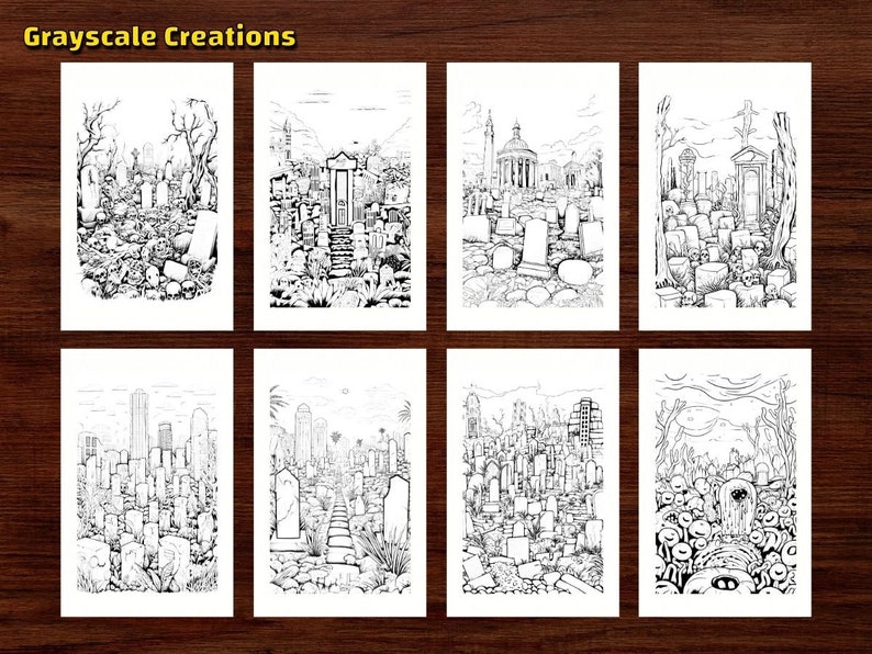 50 Graveyard Coloring Page Book, Halloween Tombstone Cemetery ...