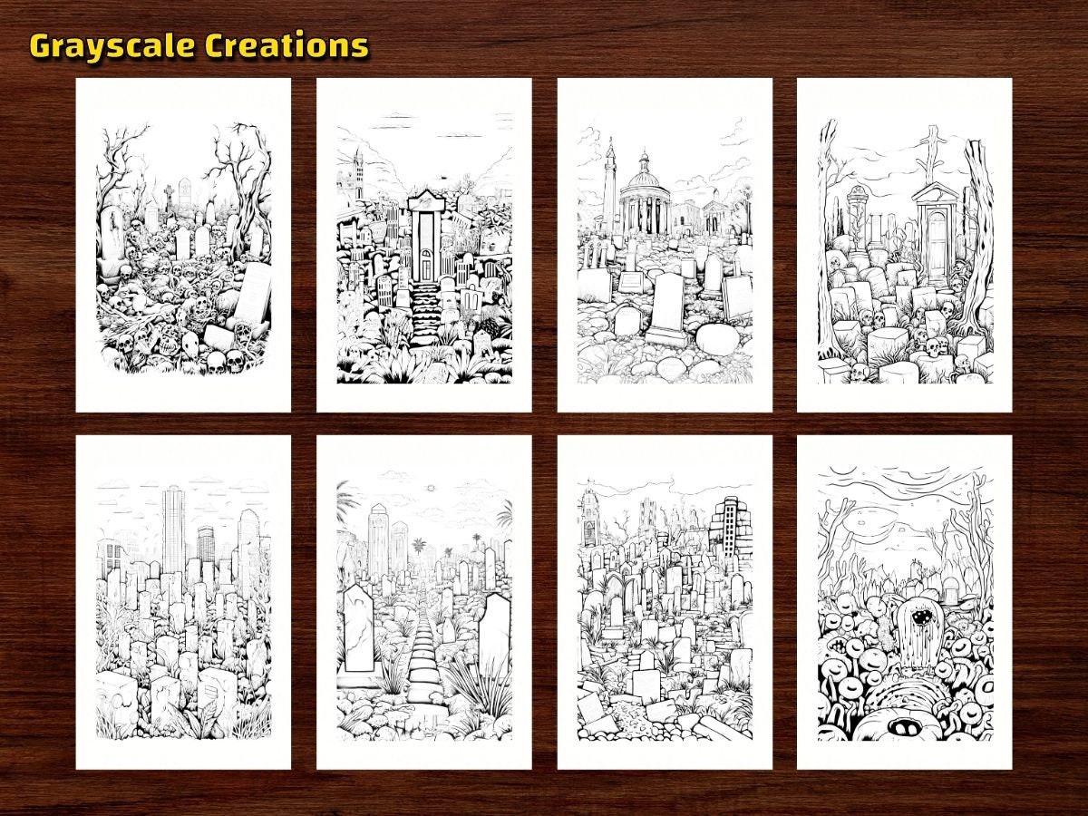 50 Graveyard Coloring Page Book, Halloween Tombstone Cemetery ...