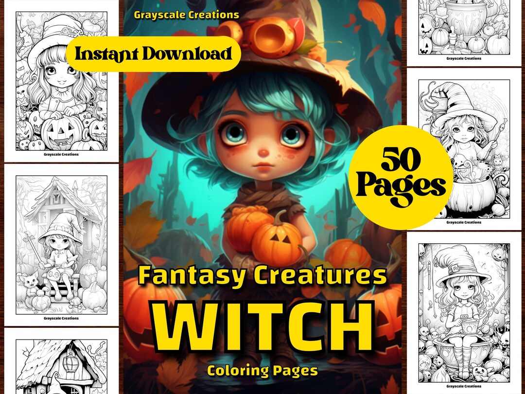 50 Cute Baby Witch Coloring Page Book, Printable PDF Sheets, Instant ...
