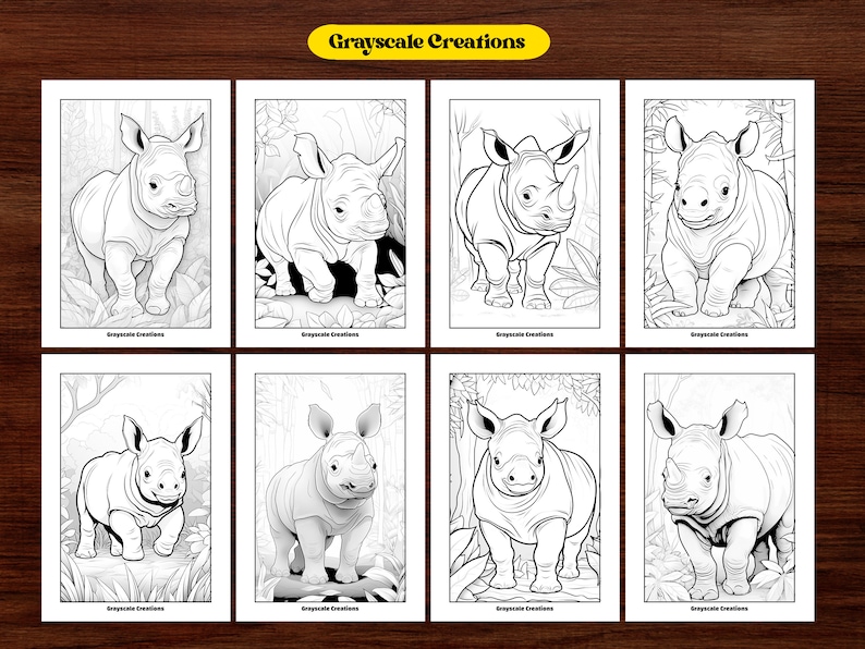 50 Cute Rhinoceros Coloring Page Book, Printable PDF Sheets, Instant ...