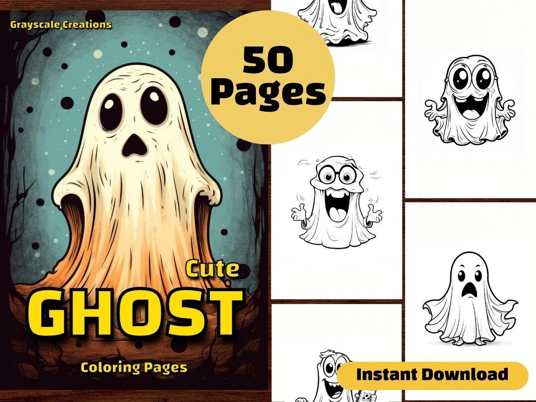 50 Cute Ghost Coloring Page Book, Halloween Chibi Cartoon Creepy ...