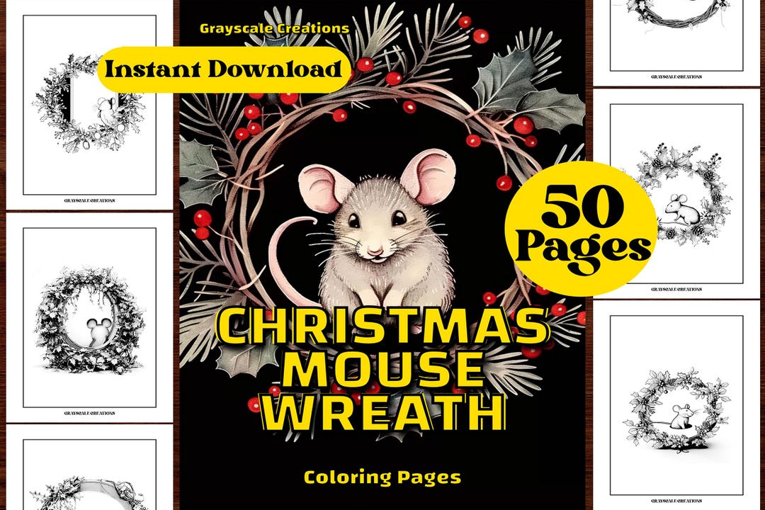 50 Mouse Christmas Wreath Coloring Page Book, Christmas Snow Xmas ...