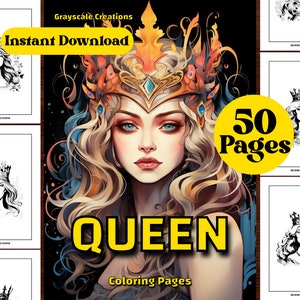 50 Queen Coloring Page Book, Fantasy Enchanted Creatures, Birthday ...