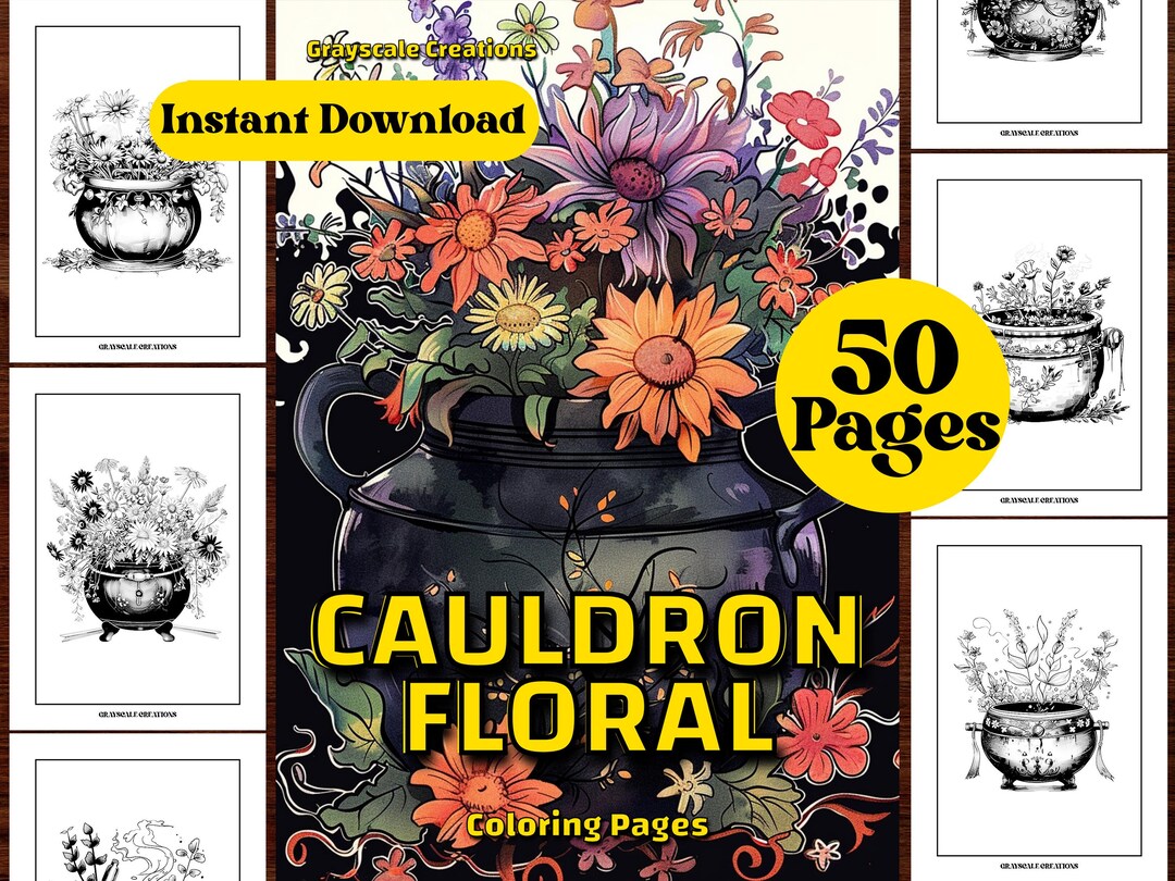 50 Cauldron Floral Coloring Page Book, Halloween Cartoon Creepy ...