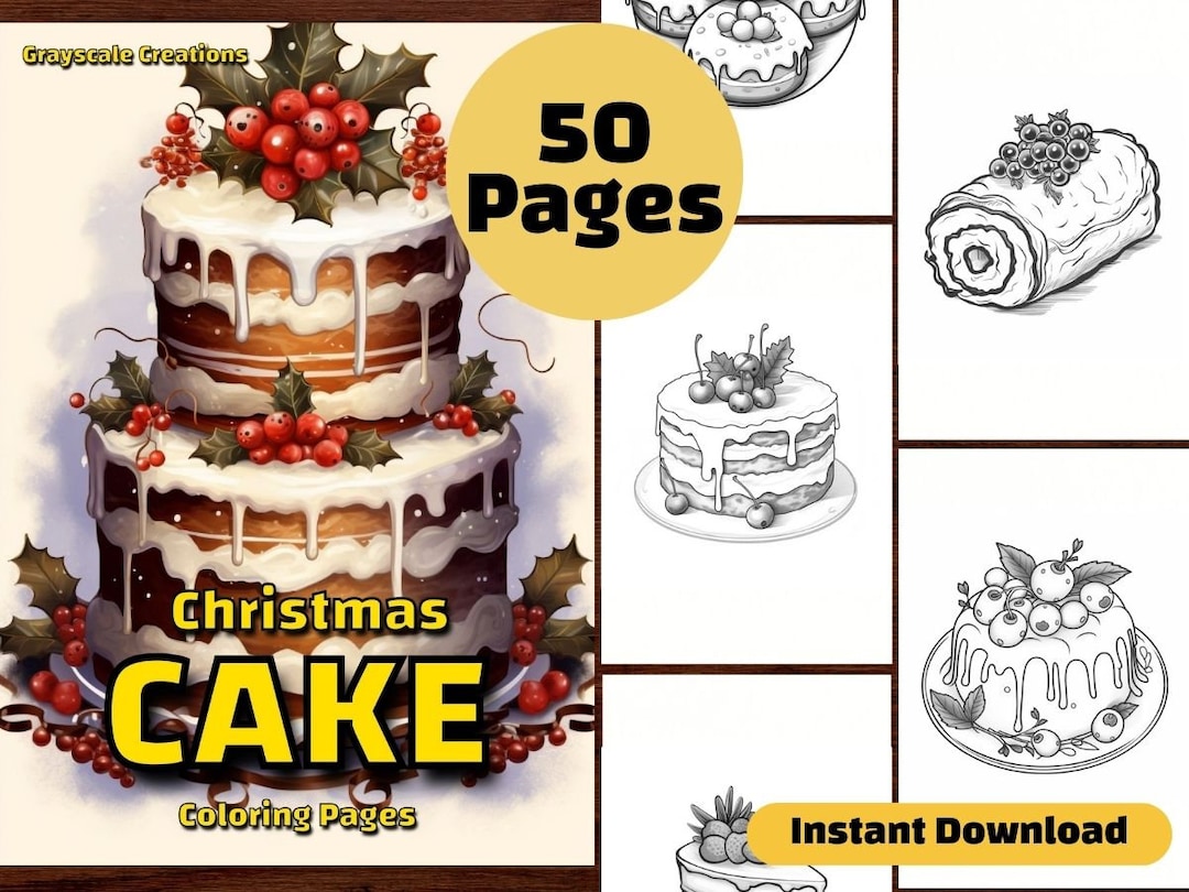 50 Christmas Cake Coloring Page Book, Sweats Treat Macaroon Fruitcake ...
