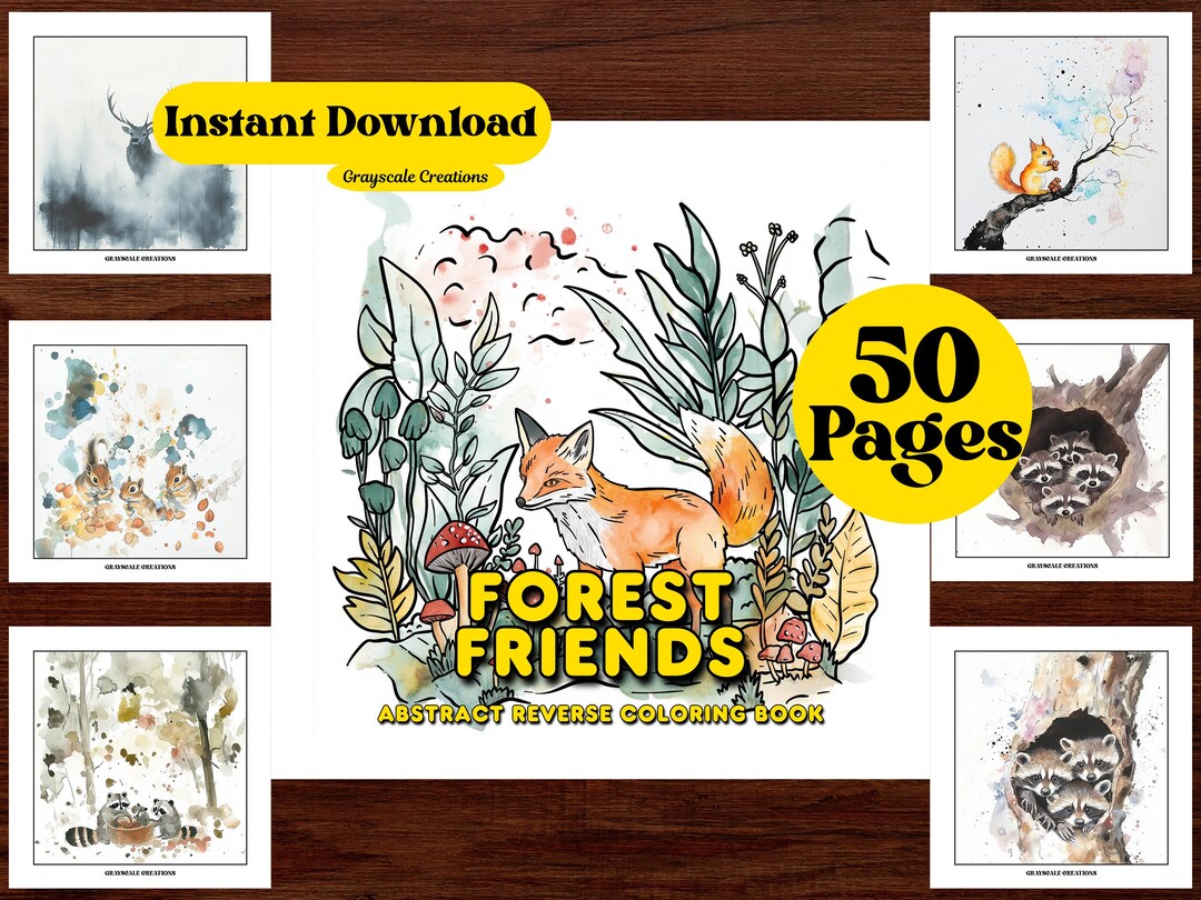 50 Forest Friends Reverse Coloring Page Book, Watercolor Abstract ...