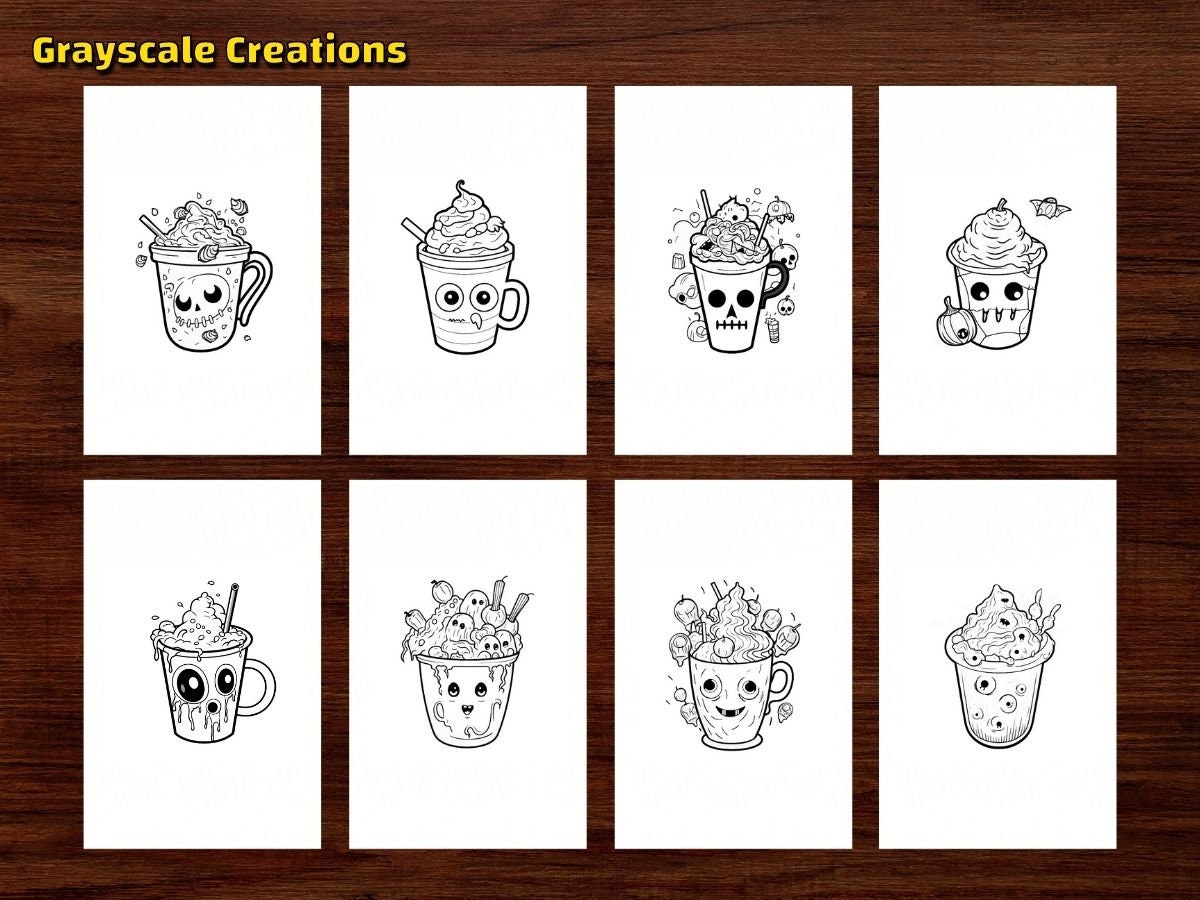 50 Spooky Latte Coloring Page Book, Halloween Beverage Coffee Skull ...
