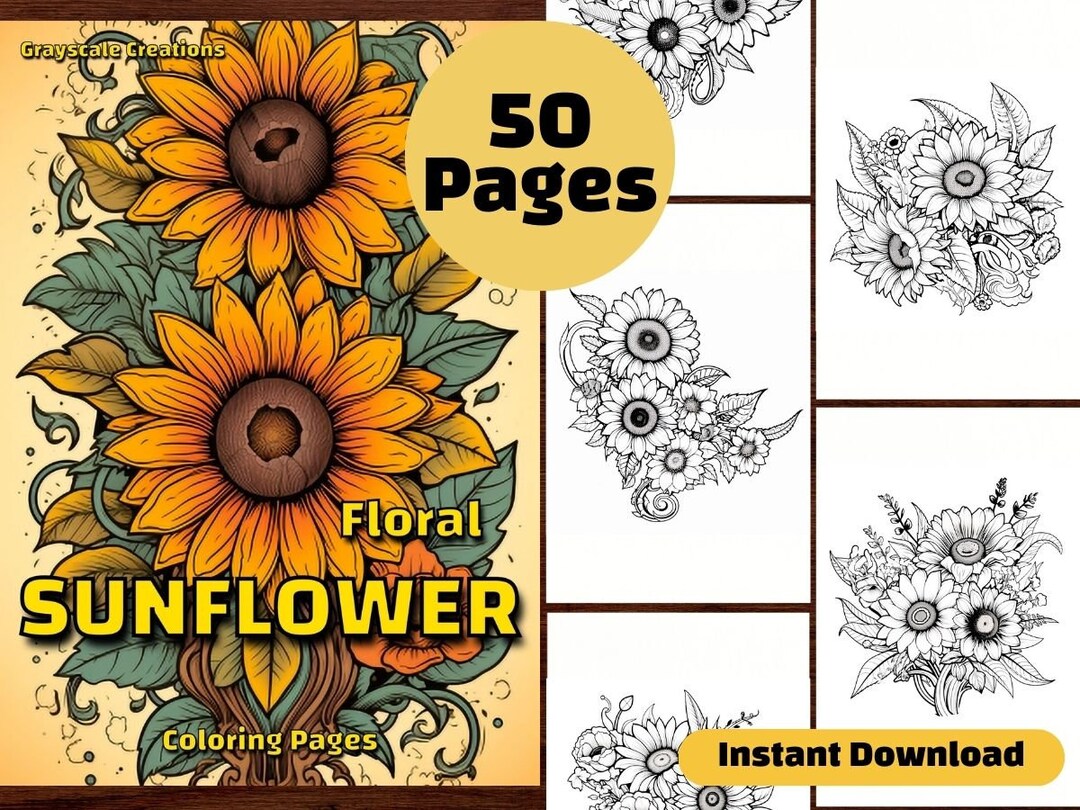 50 Sunflower Coloring Page Book, Nature Botanical Flower Floral Bouquet ...
