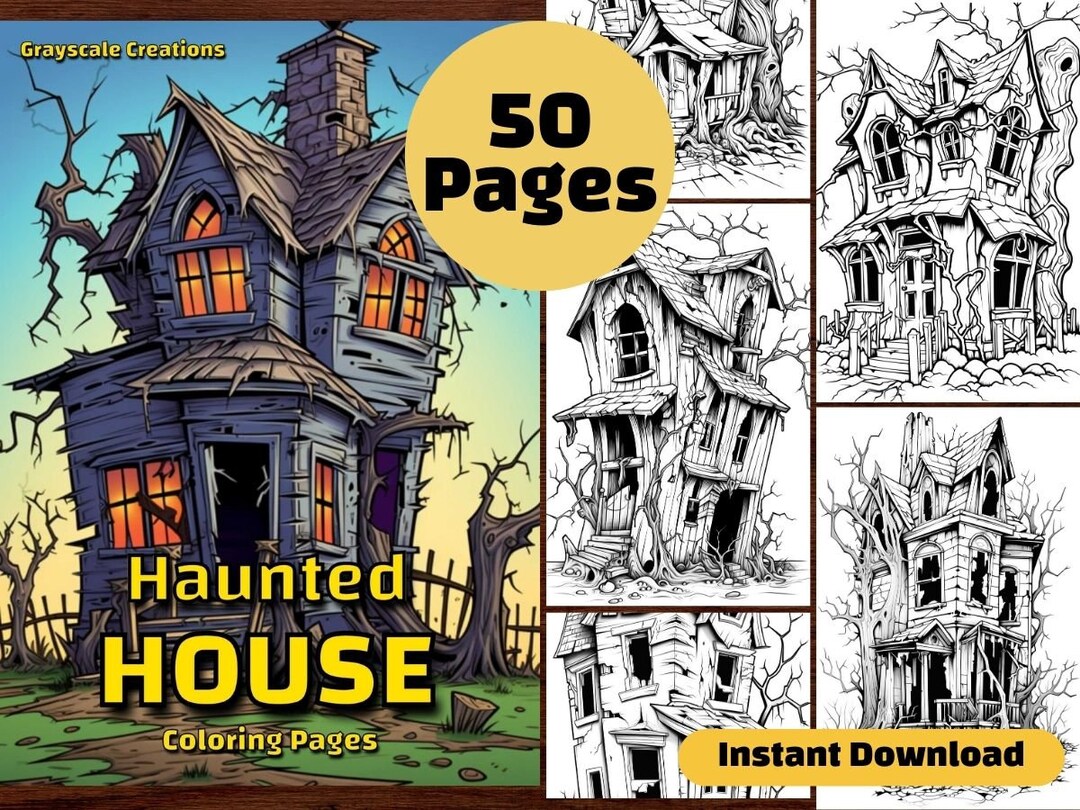 50 Haunted House Coloring Page Book, Printable PDF Sheets, Instant ...
