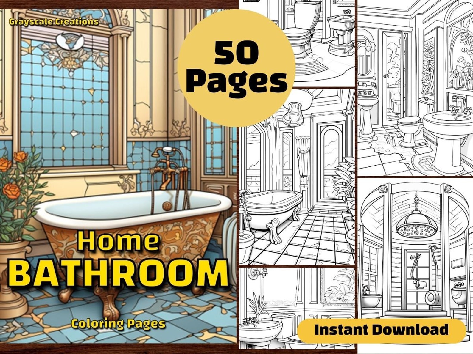 50 Bathroom Coloring Page Book, Printable PDF Sheets, Instant Download ...