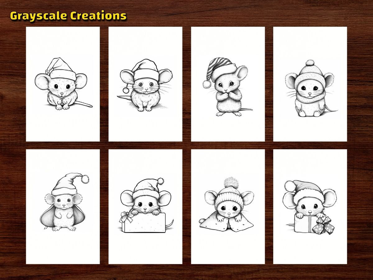 50 Christmas Mouse Coloring Page Book, Cute Rat Animal Xmas Winter ...