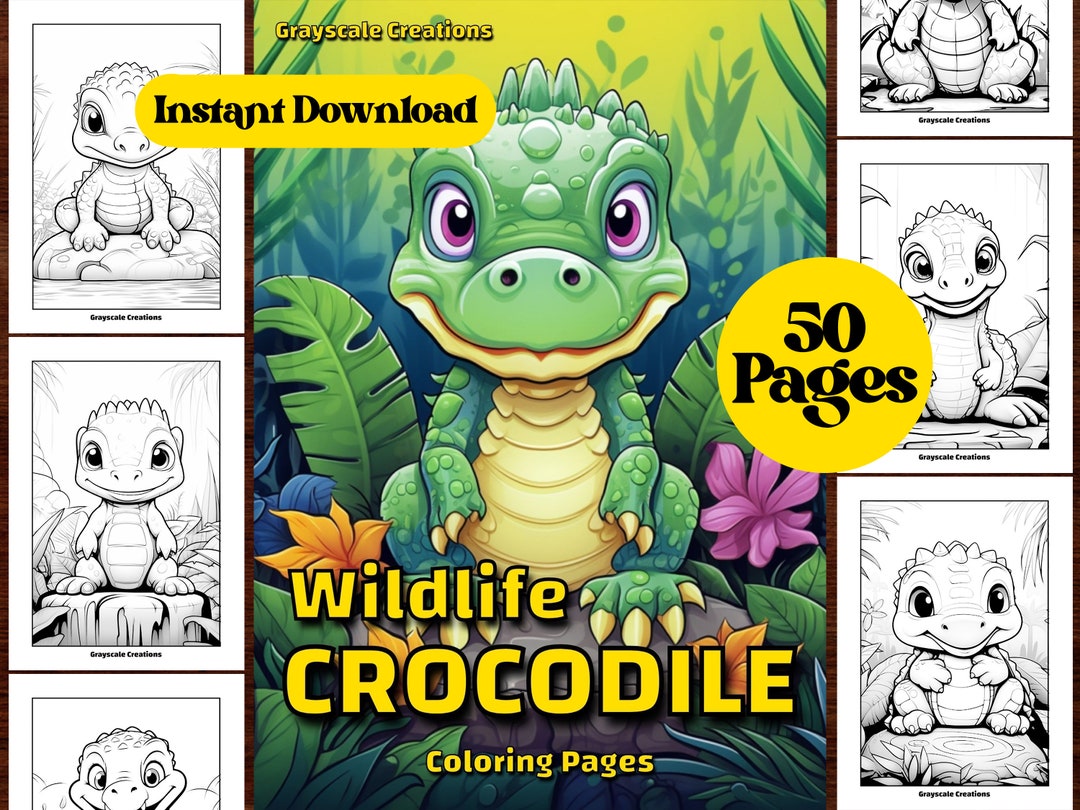 50 Cute Crocodile Coloring Page Book, Printable PDF Sheets, Instant ...
