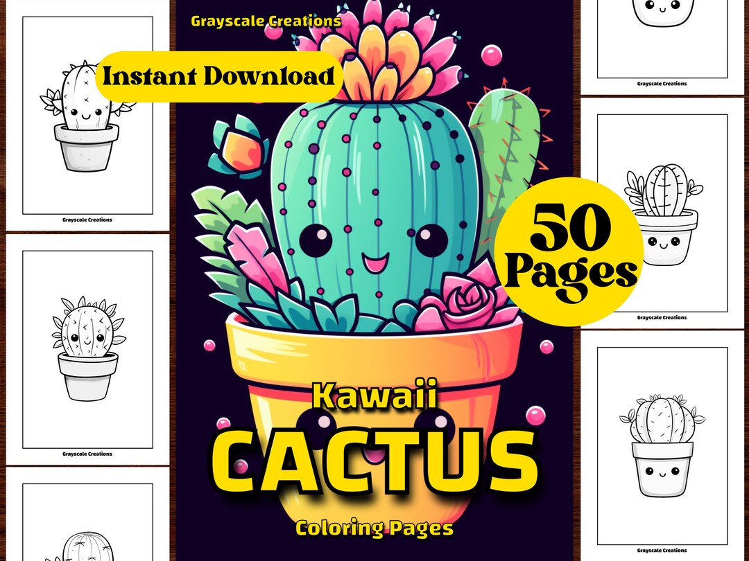 50 Cactus Coloring Page Book, Plant Cute Fantasy Kawaii Doodle ...