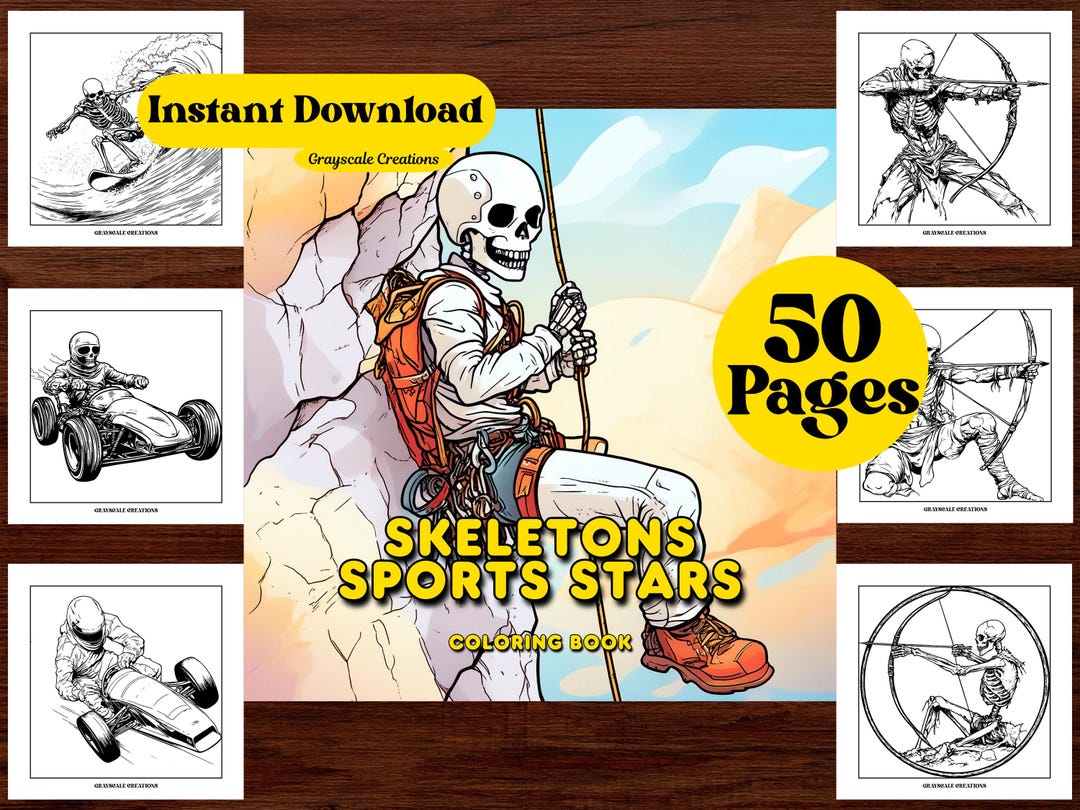 50 Sports Stars Skeletons Realistic Coloring Page Book, Halloween ...
