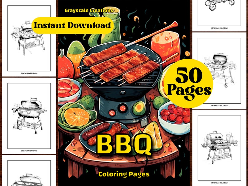 50 BBQ Coloring Page Book, Food Beverage Drinks Culinary, Printable PDF ...